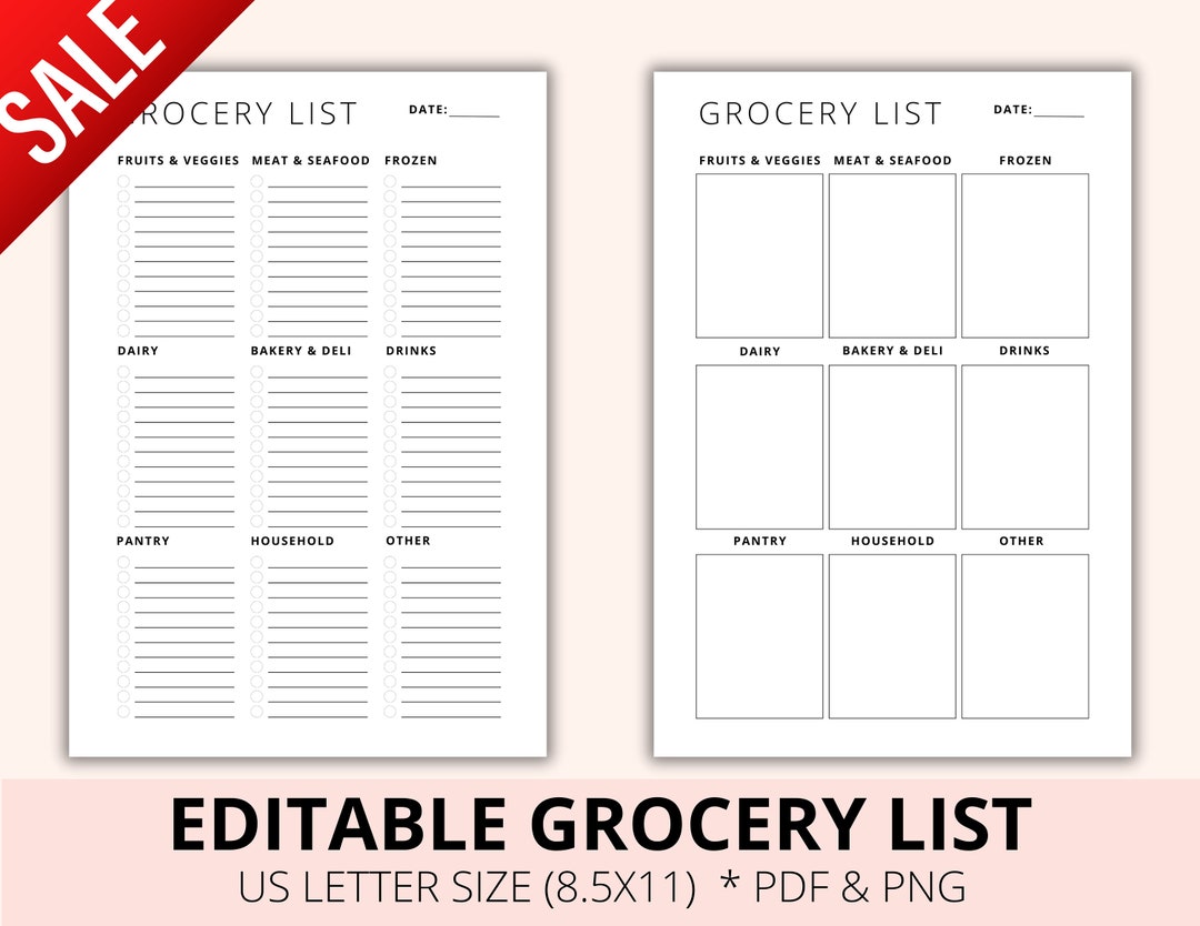 Editable Grocery List Printable Template, Grocery Planner, Food ...
