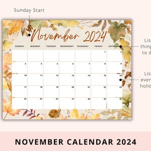 Editable Thanksgiving 2024 Calendar, November 2024 Calendar, Autumn ...