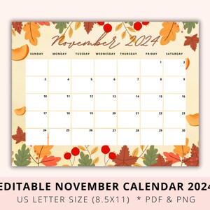 Editable Thanksgiving 2024 Calendar, November 2024 Calendar, Academic ...