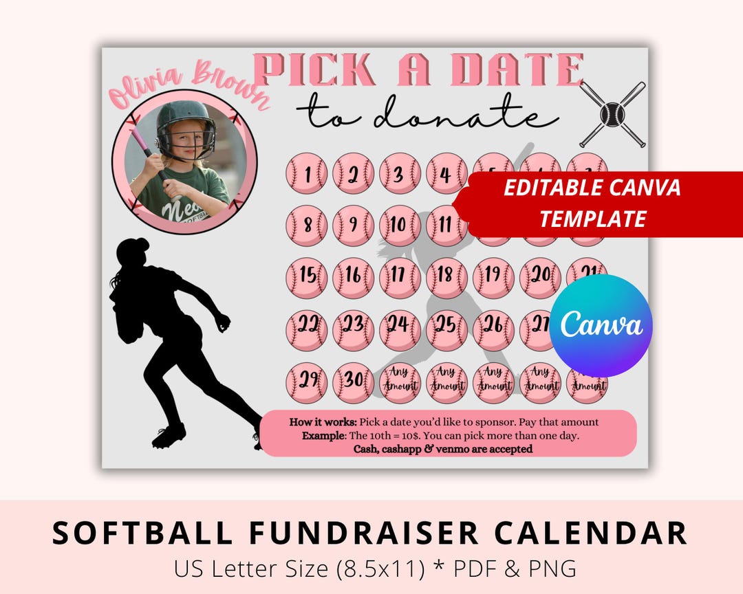 Editable Softball Pick a Date to Donate, Black Out My Board, Help Pay ...