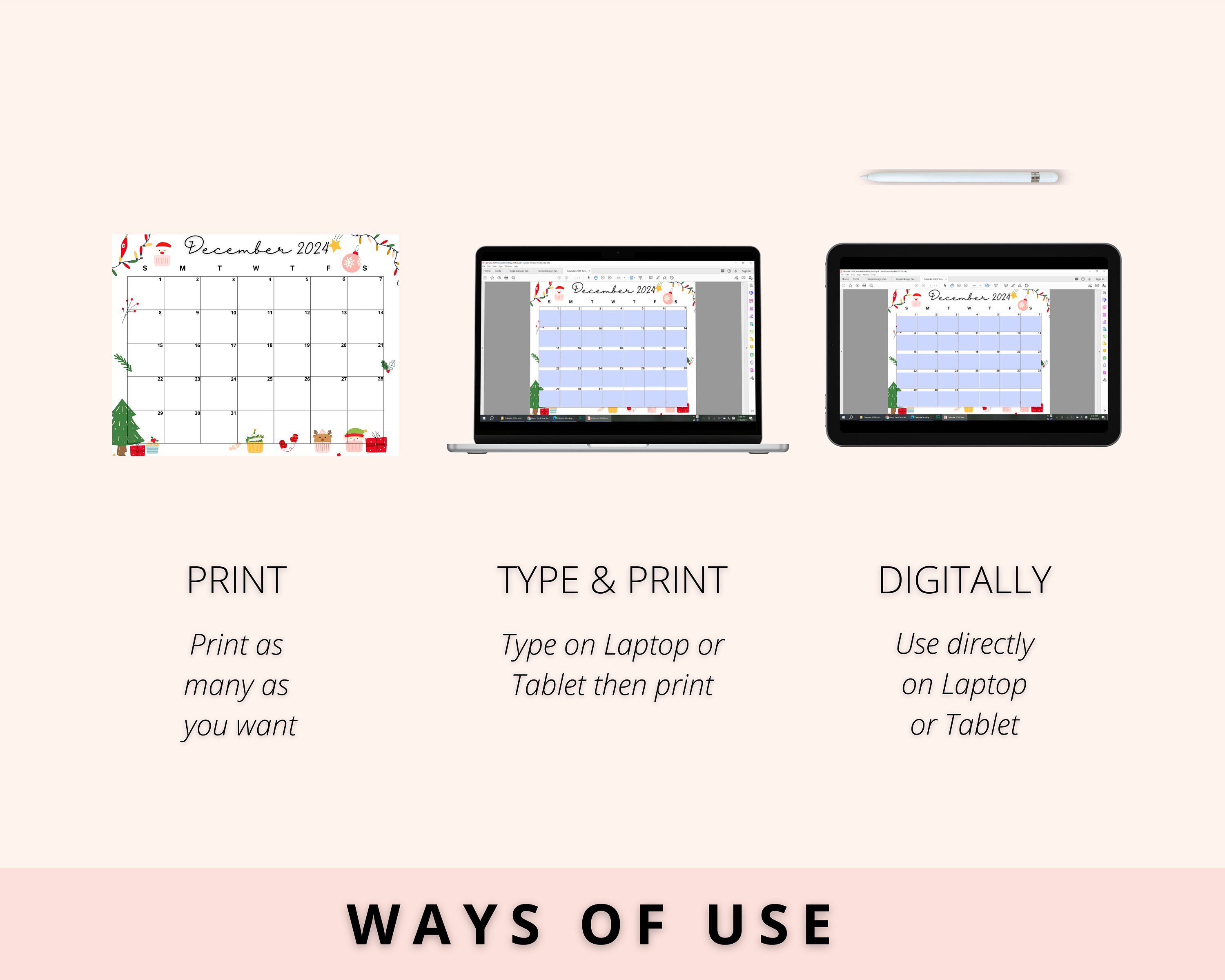 Editable Christmas 2024 Calendar, Monthly Calendar, December Calendar ...