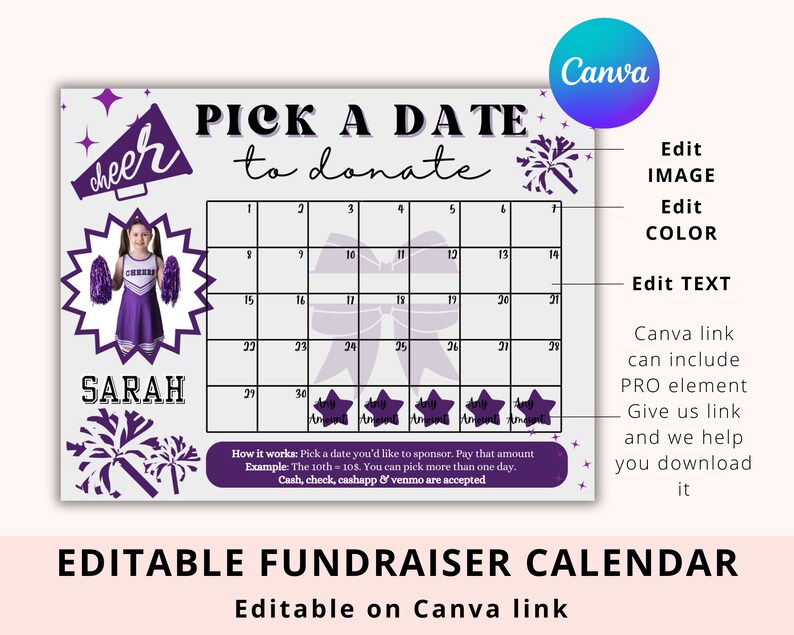 Editable Cheer Pick a Date to Donate, Fundraiser Calendar, Pay the Date ...