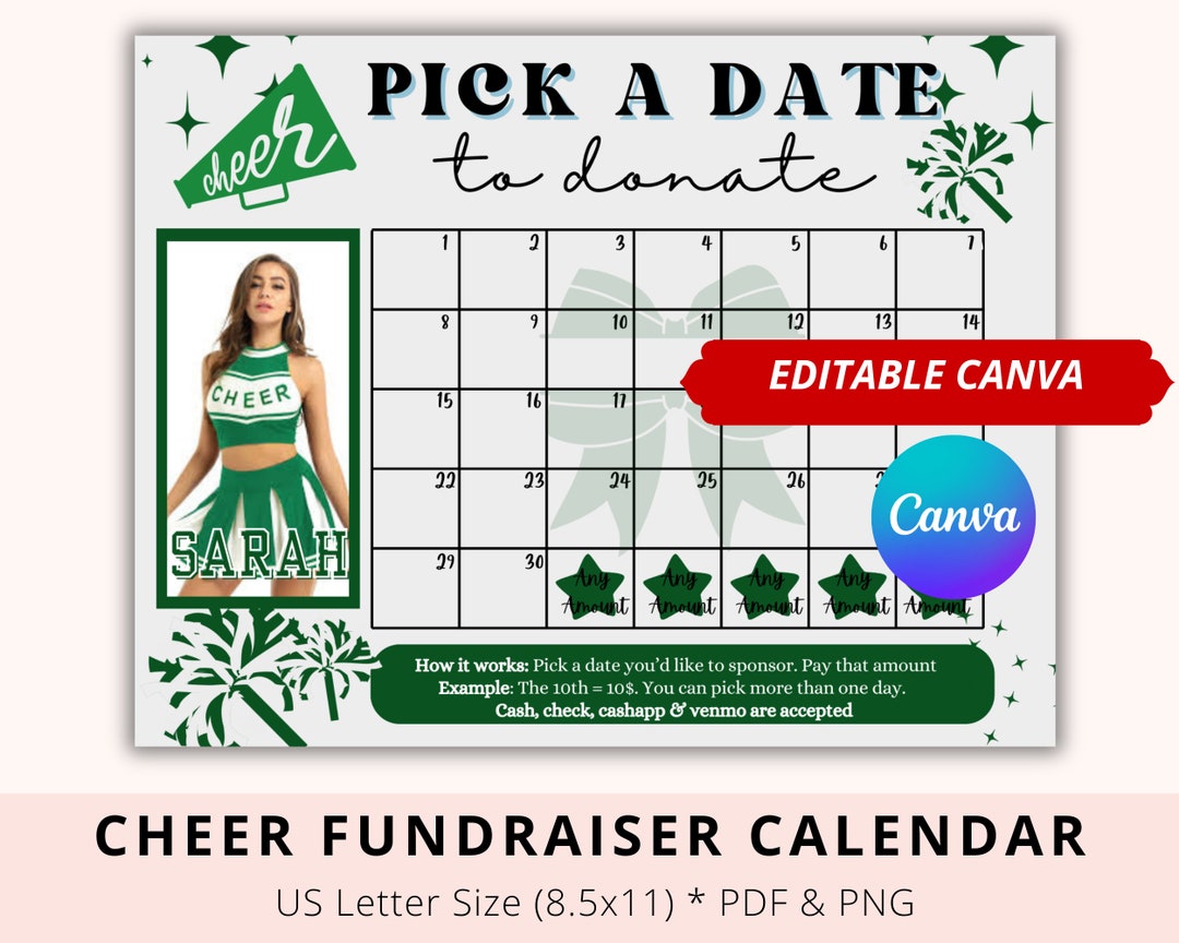 Editable Cheer Fundraiser Calendar, Cheer Pick a Date to Donate, Green ...