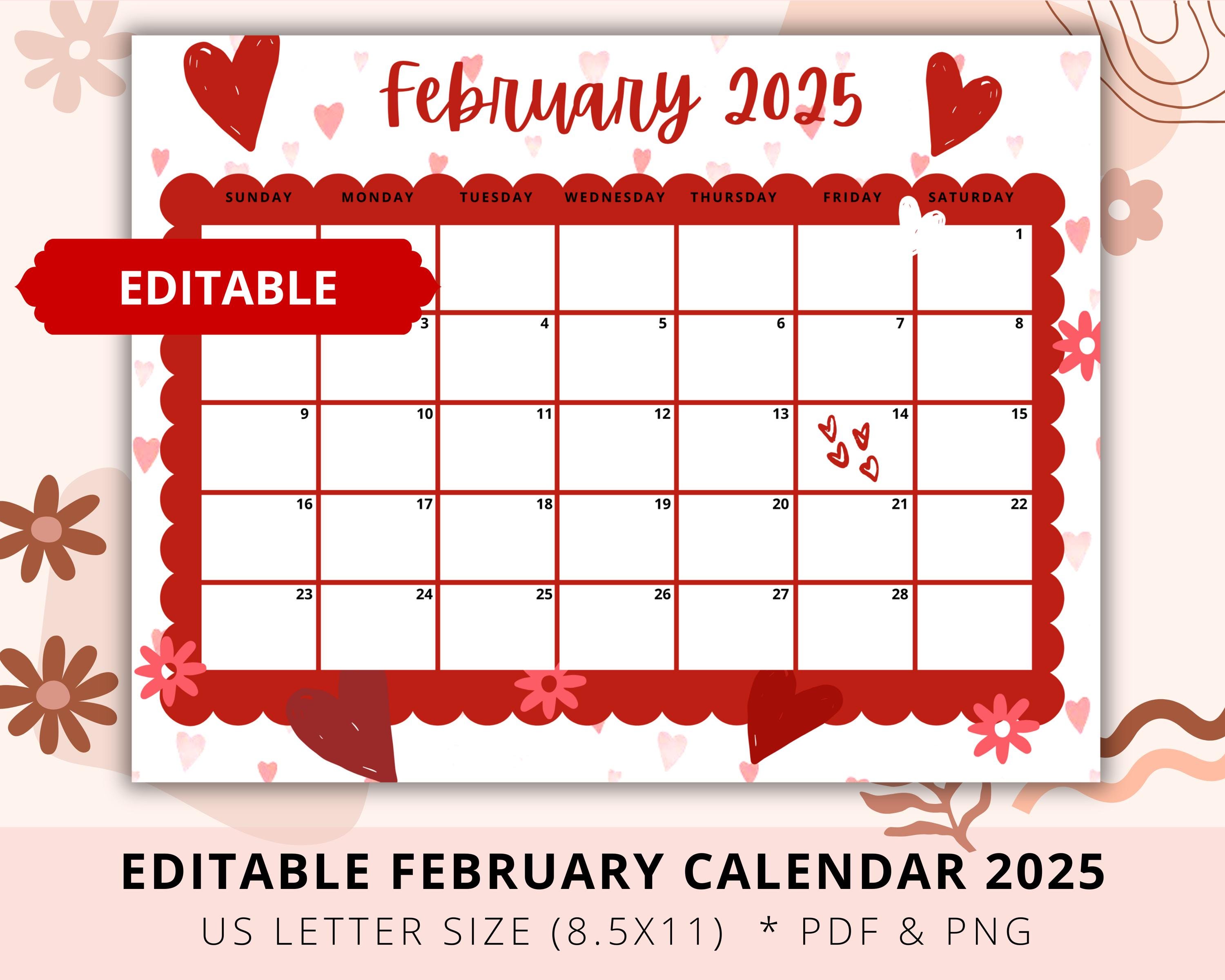 Editable February Calendar 2025, Valentine Planner 2025, Homeschool ...
