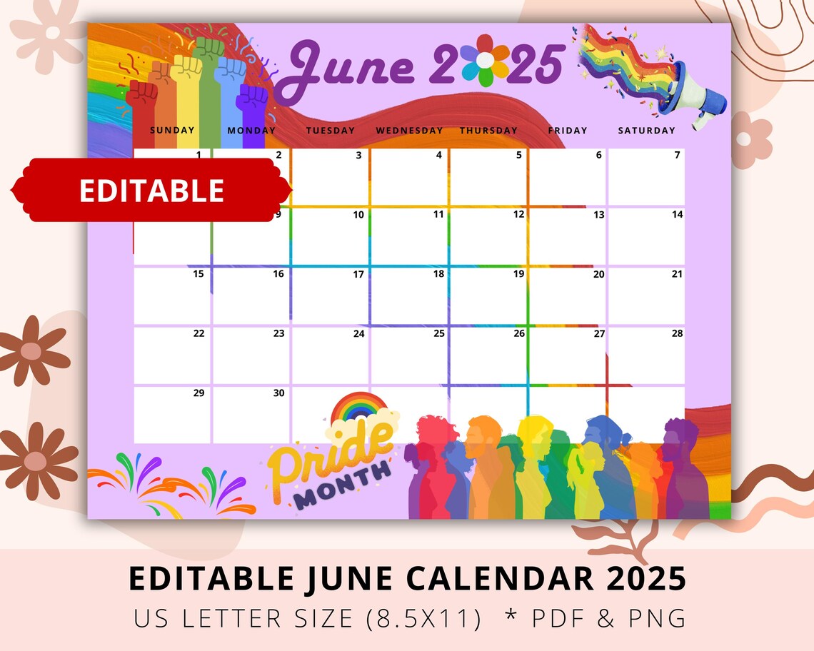 Editable June 2025 Calendar Printable, LGBT, Pride Month, Queer ...