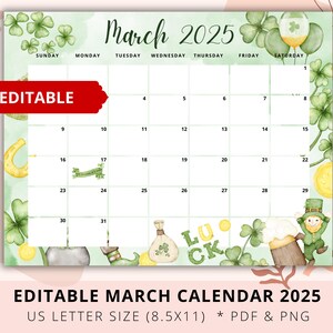 Editable March 2025 Calendar, St. Patrick's Day, Green Theme, March ...