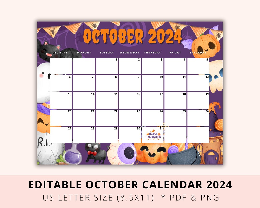 Editable October 2024 Calendar, Halloween 2024 Calendar, Teacher ...