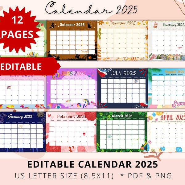 Editable Monthly Calendar 2024 2025, 12 Months, Back to School, Holiday ...