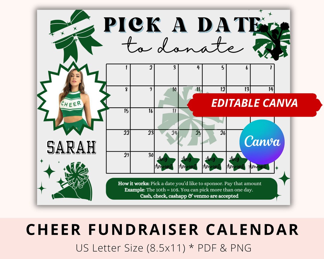 Cheer Pick a Date to Donate, Editable Cheer Fundraiser Calendar, Green ...
