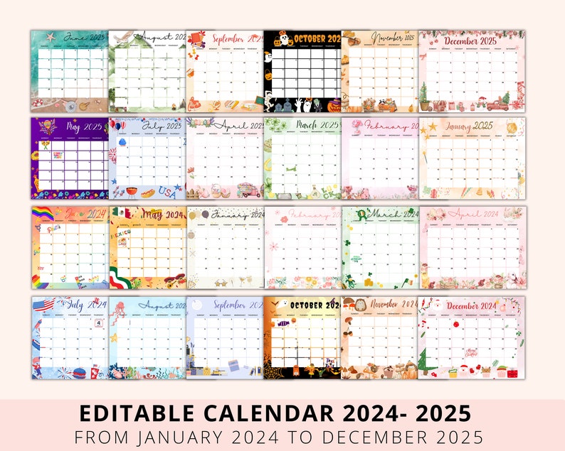 Editable Calendar 2024, Digital Planner, Calendar 2025, Holiday ...