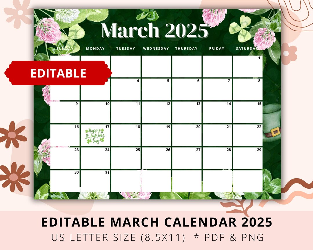 Editable March 2025 Calendar, St. Patrick's Day, Green Theme, March ...