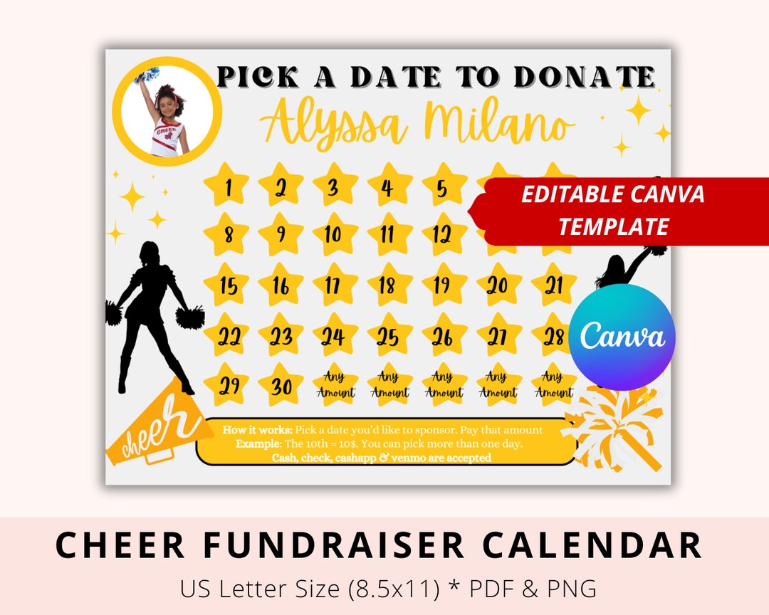 Editable Cheer Pick a Date to Donate, Yellow, Black Out My Board, Who ...