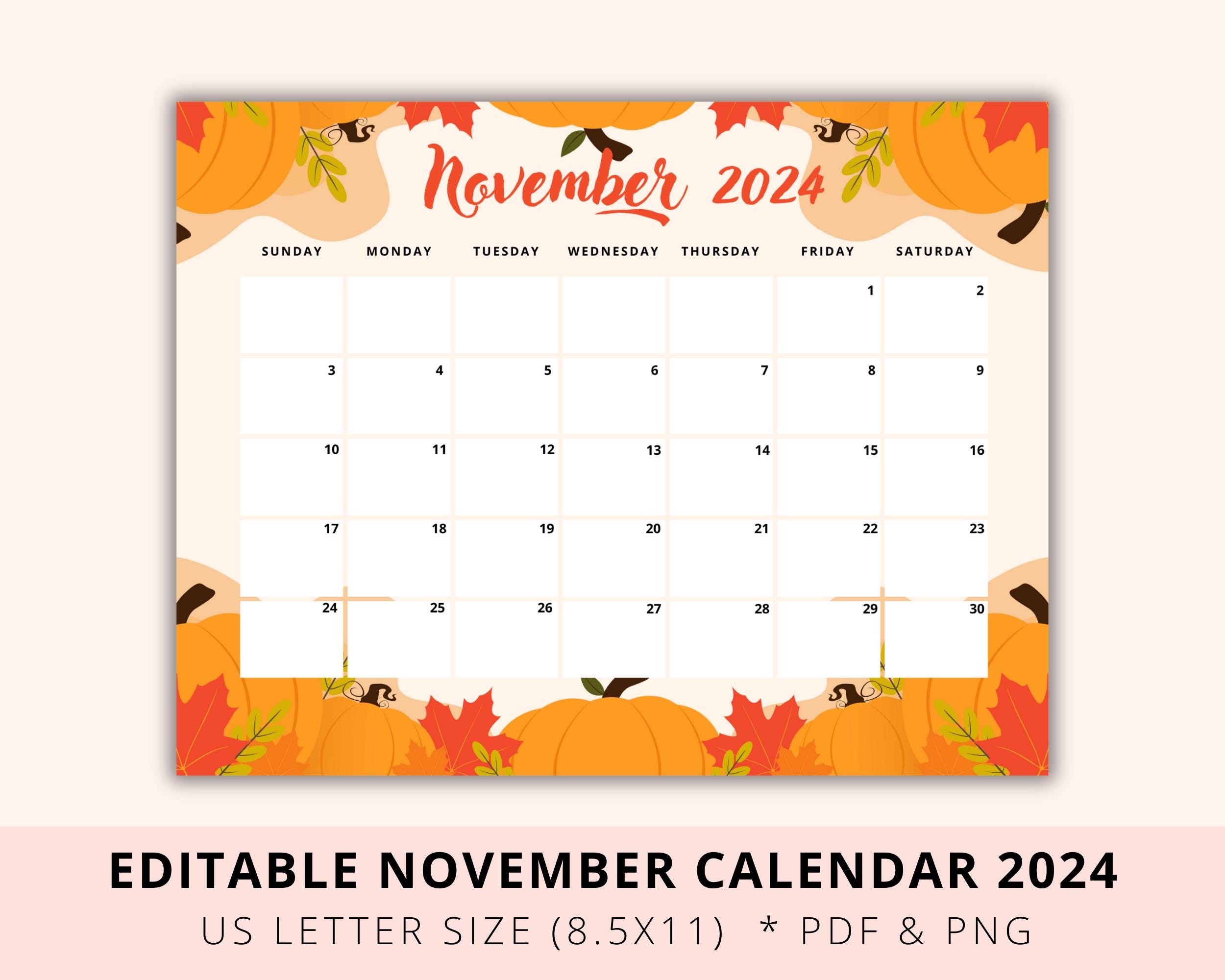 Editable Thanksgiving 2024 Calendar, November 2024 Calendar, Minimalist ...
