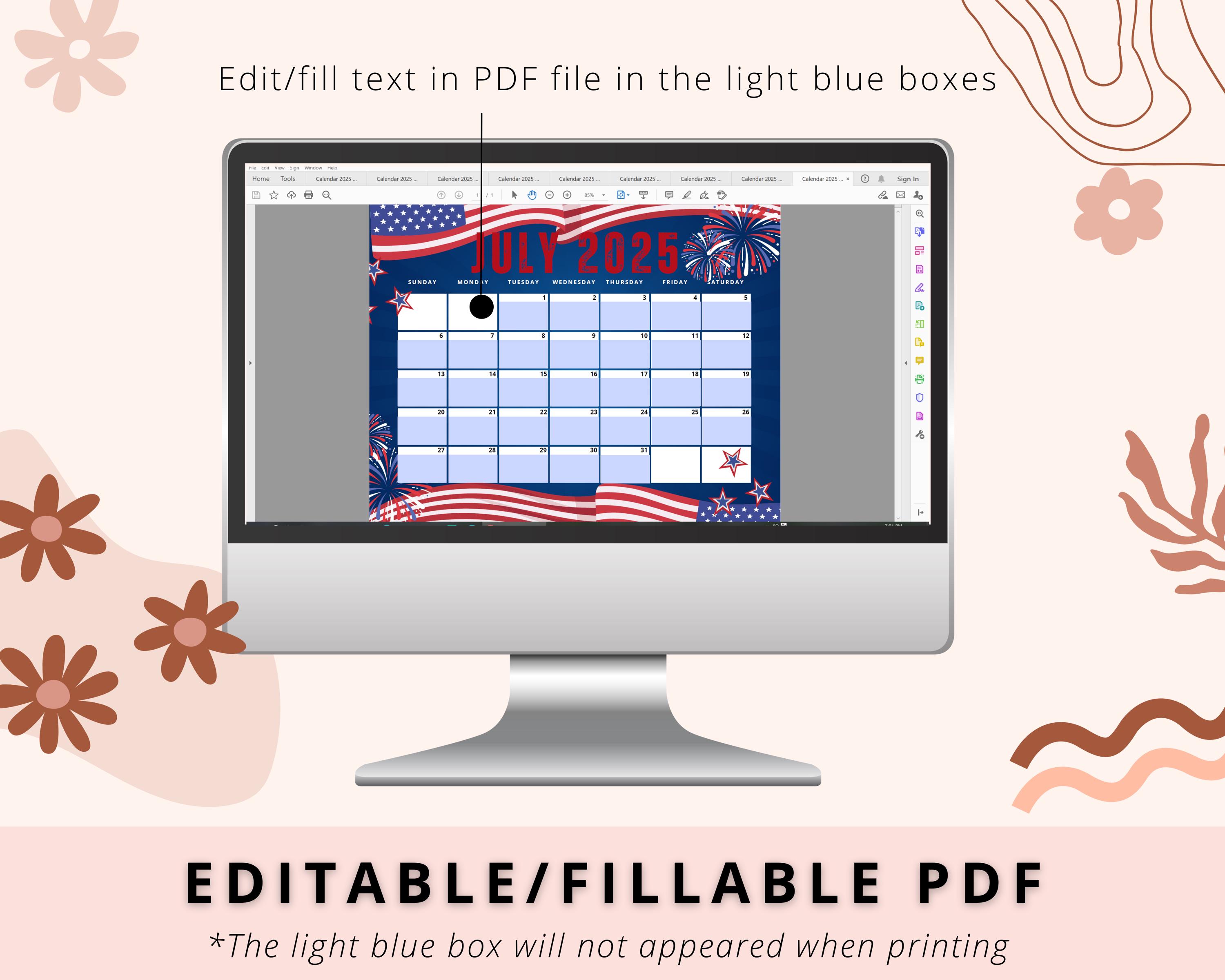 Editable July 2025 Calendar, July Independence Holiday, 2025 Calendar ...