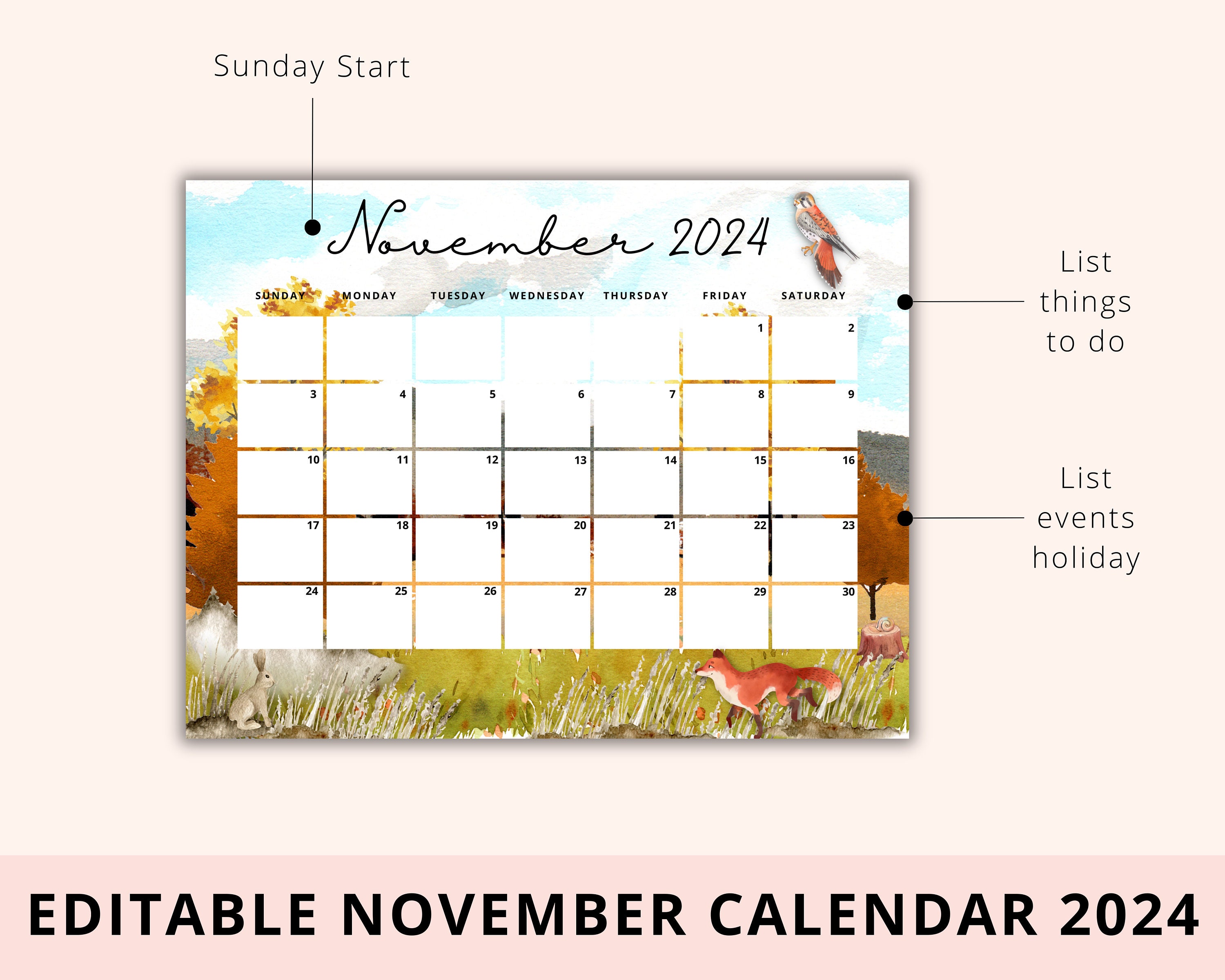 Editable Thanksgiving 2024 Calendar, November 2024 Calendar, Academic ...