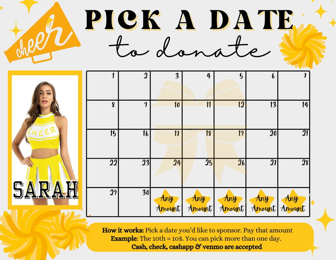 Editable Cheer Pick a Date to Donate, Yellow Theme, School Fund, Black ...