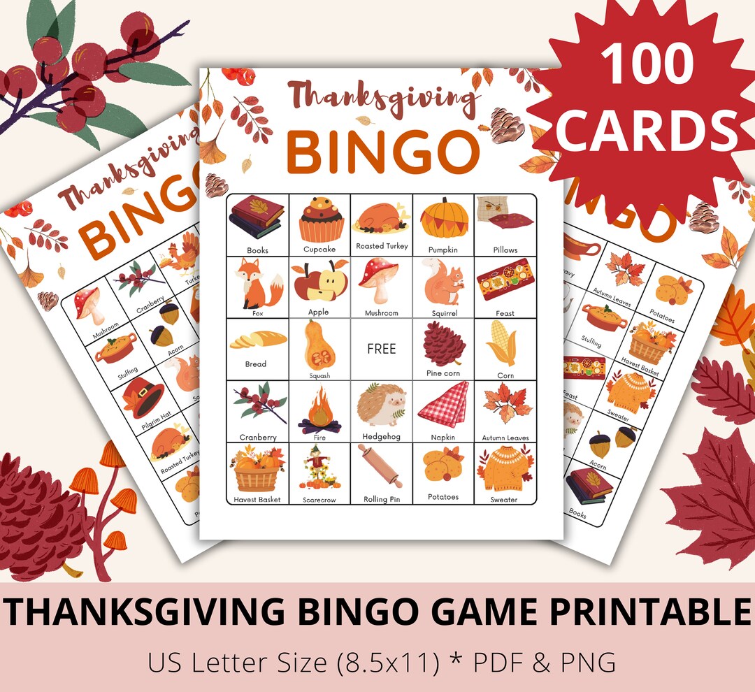 Thanksgiving Bingo Game, 100 Bingo Cards, Bingo Game Printable ...