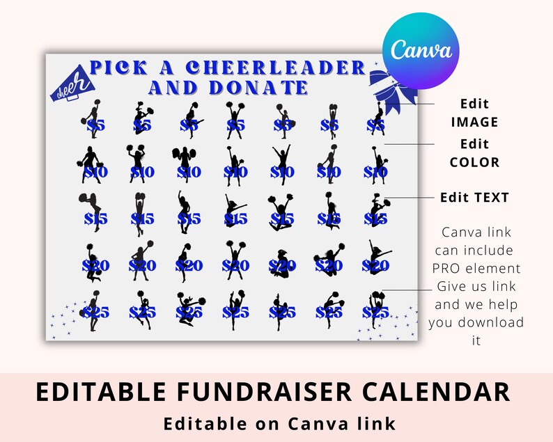 Editable Cheer Fundraiser Calendar, Cheer Pick a Date to Donate, Navy ...