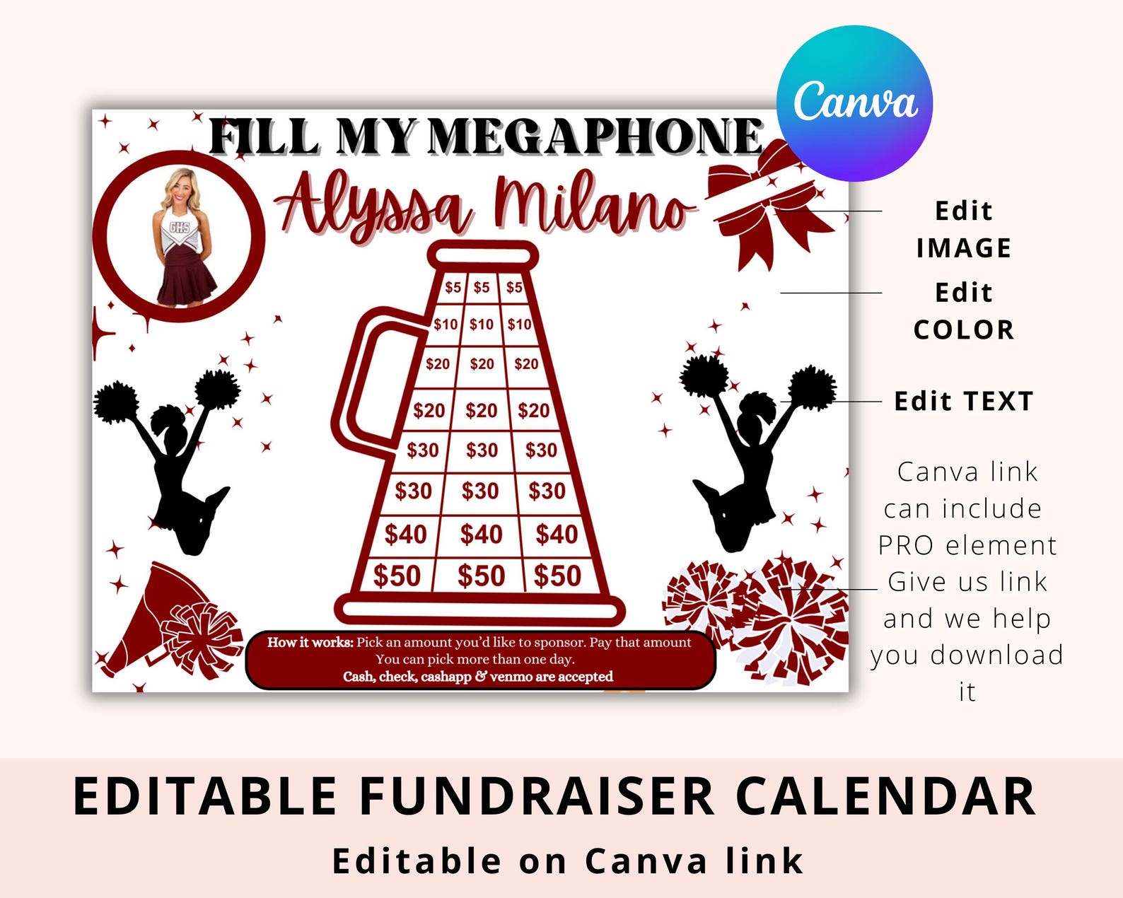 Editable Cheer Black Out My Board, Pick a Date to Donate, Fill My ...