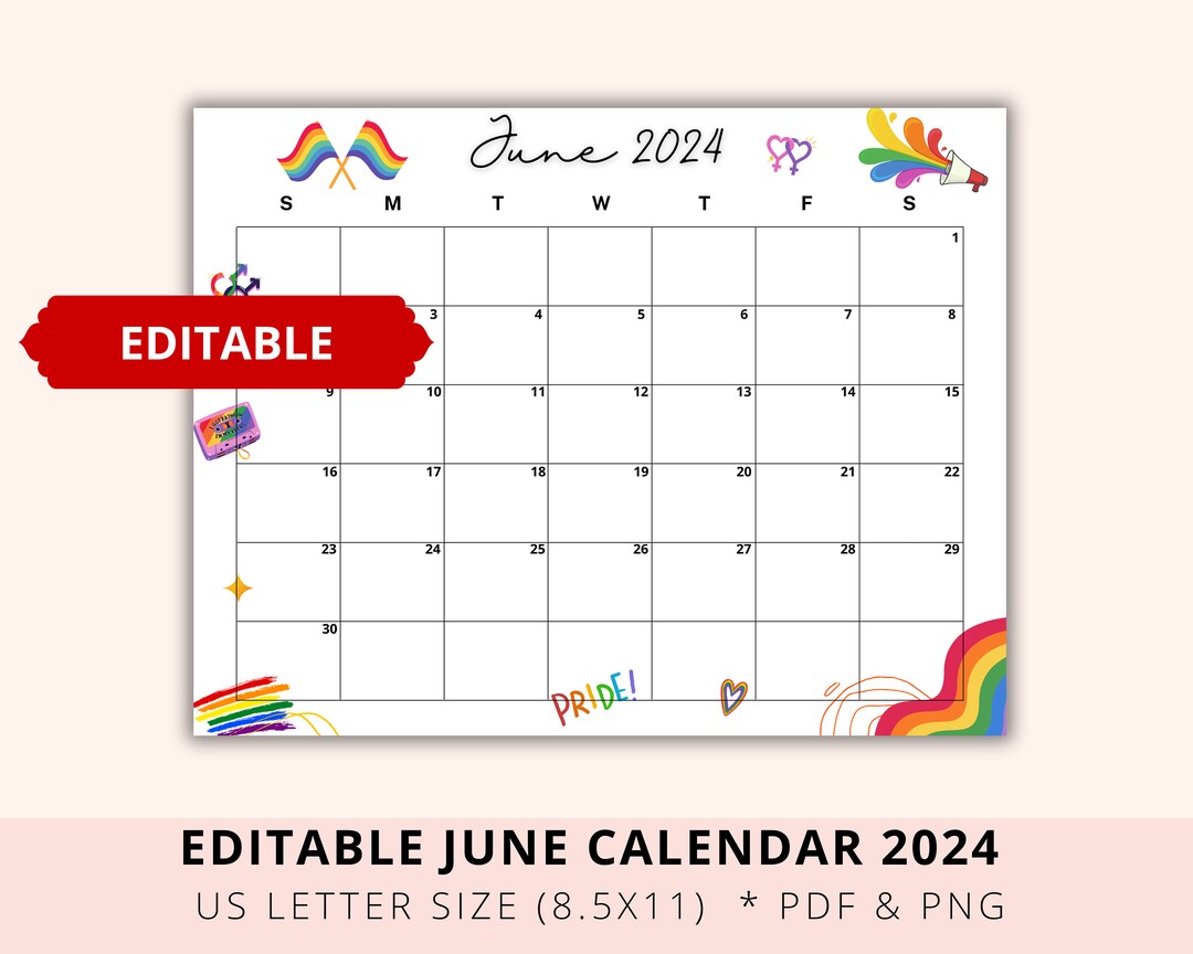 Editable June Calendar 2024, Pride Month 2024, LGBT Proud, Academic ...