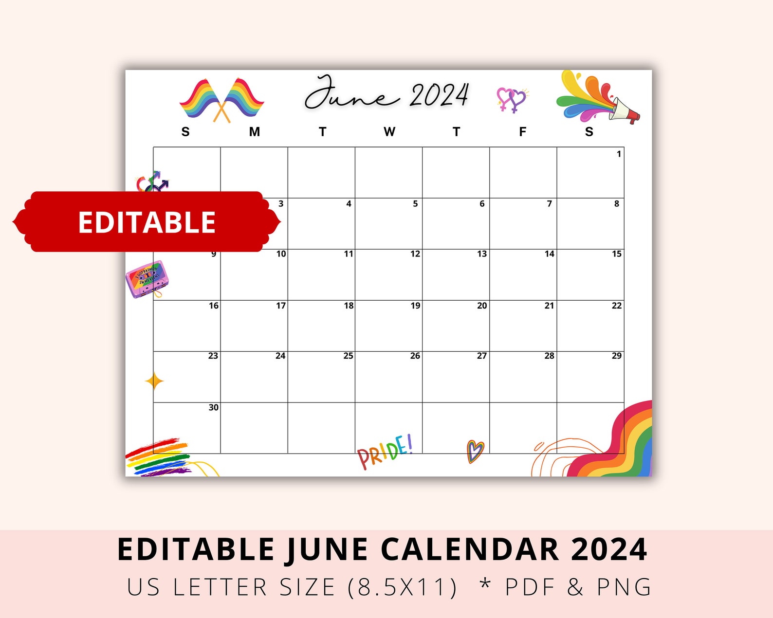 Editable June Calendar 2024, Pride Month 2024, LGBT Proud, Academic ...