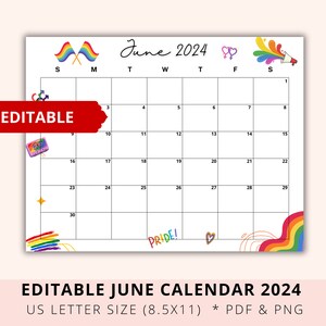 Editable June Calendar 2024, Pride Month 2024, LGBT Proud, Academic ...