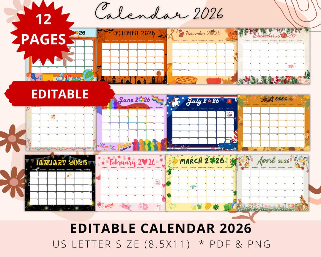 Editable Monthly Calendar 2026, Holiday Calendar 2026, Kid Calendar ...