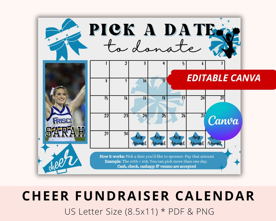 Editable Cheer Pick a Date to Donate, Black Out My Board, Blue Theme ...