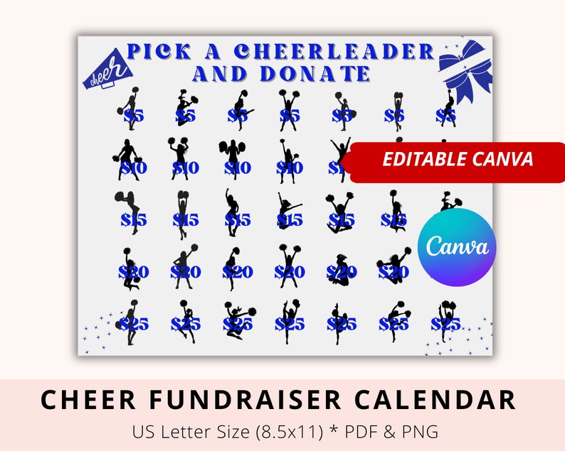 Editable Cheer Fundraiser Calendar, Cheer Pick a Date to Donate, Navy ...