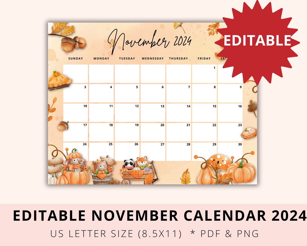 Editable Thanksgiving 2024 Calendar, November 2024 Calendar, Autumn ...