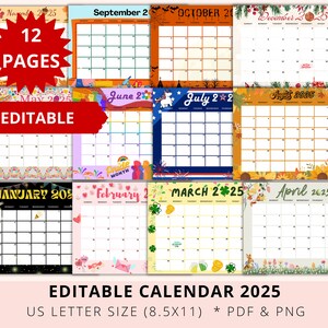 Editable Monthly Calendar 2025, Holiday Calendar, Academic Planner, 12 ...