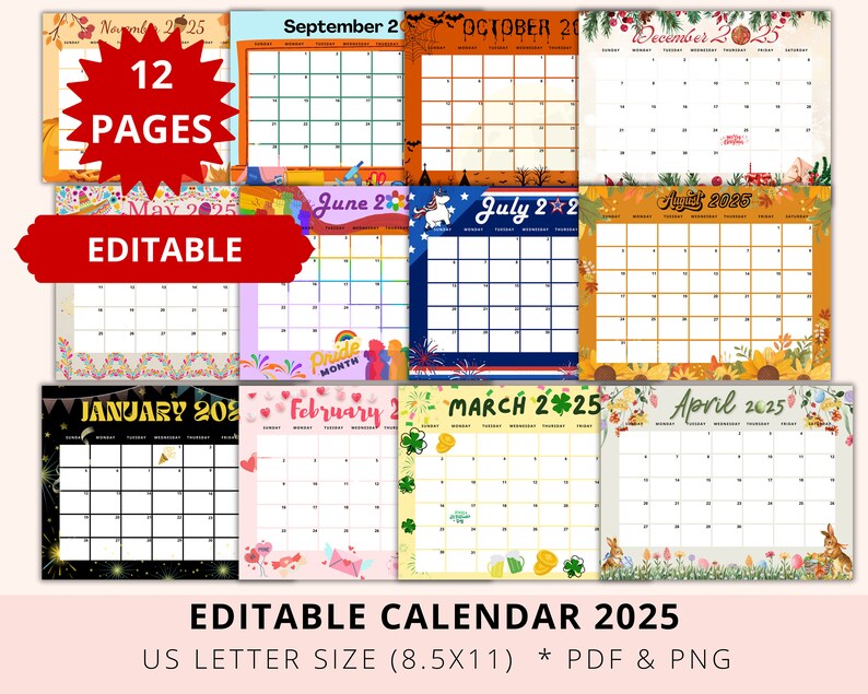 Editable Monthly Calendar 2025, Holiday Calendar, Academic Planner, 12 ...