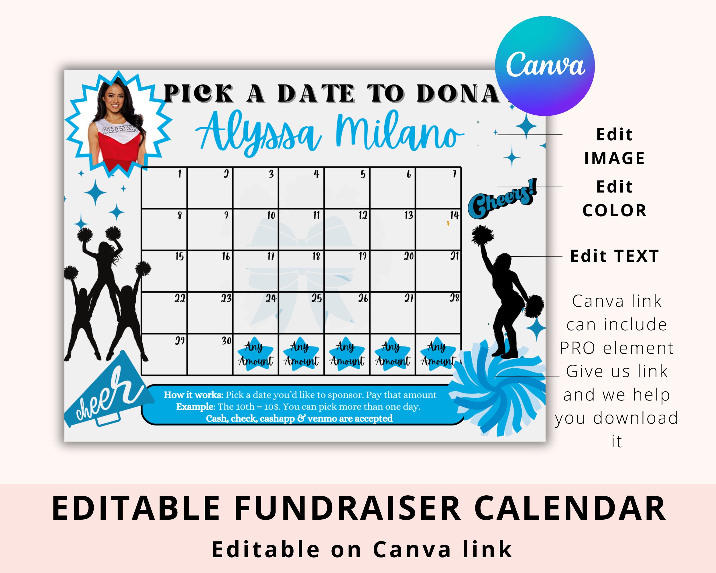 Editable Cheer Pick a Date to Donate, Cheer School Donate, Canva ...