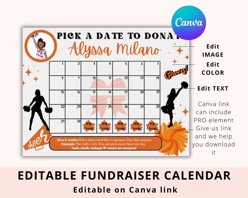 Cheer Fundraiser Calendar, Cheer Pick a Date to Donate, School Fund ...