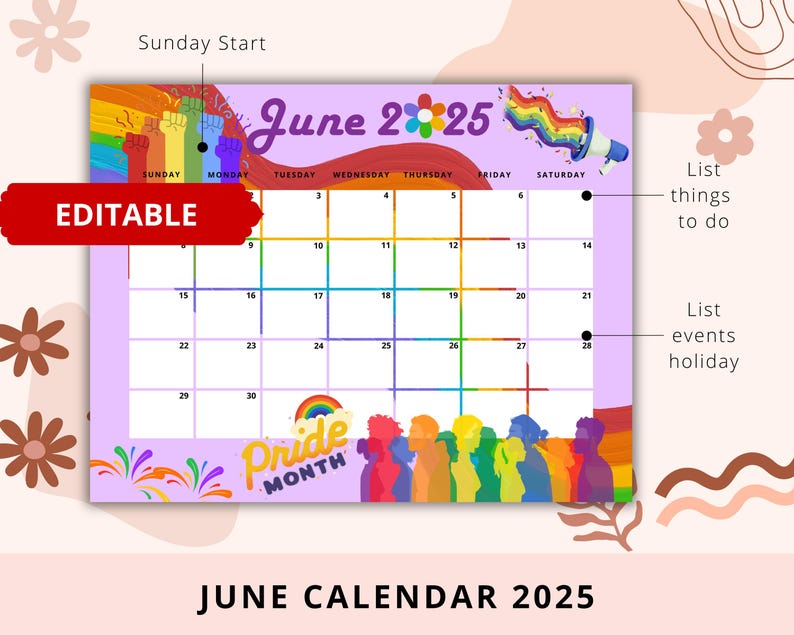 Editable June 2025 Calendar Printable, LGBT, Pride Month, Queer ...