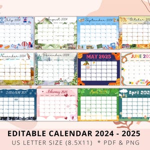 Editable Monthly Calendar 2024 2025, 12 Months, Back to School, Holiday ...