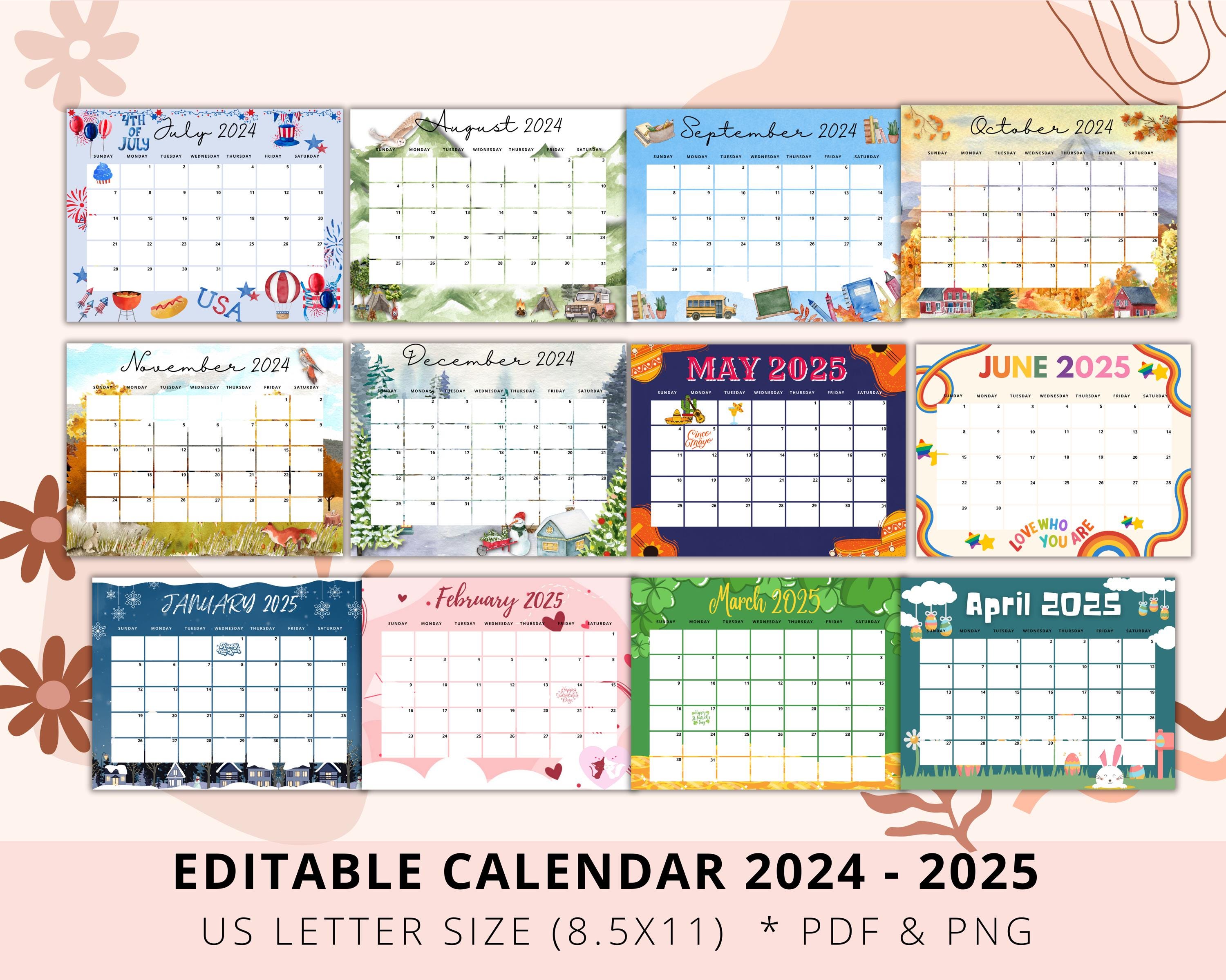 Editable Monthly Calendar 2024 2025, 12 Months, Back to School, Holiday ...