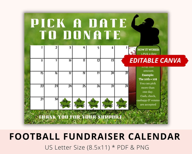 Editable Canva Fundraiser, Football Pick a Date to Donate, Fundraiser ...