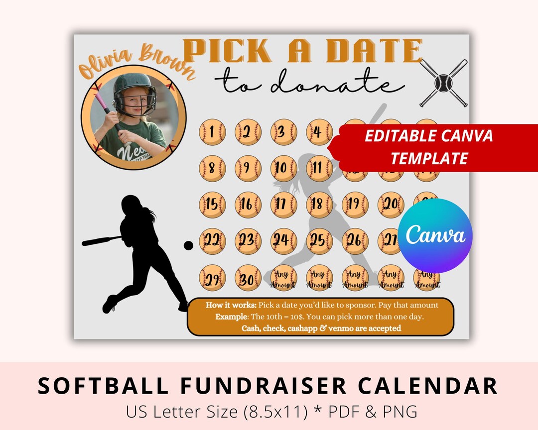 Editable Softball Black Out My Board, Orange, Pick a Date to Donate ...