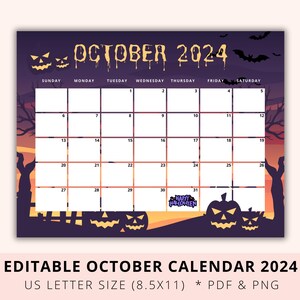 Editable Halloween 2024 Calendar Printable, October 2024, Holiday Theme ...