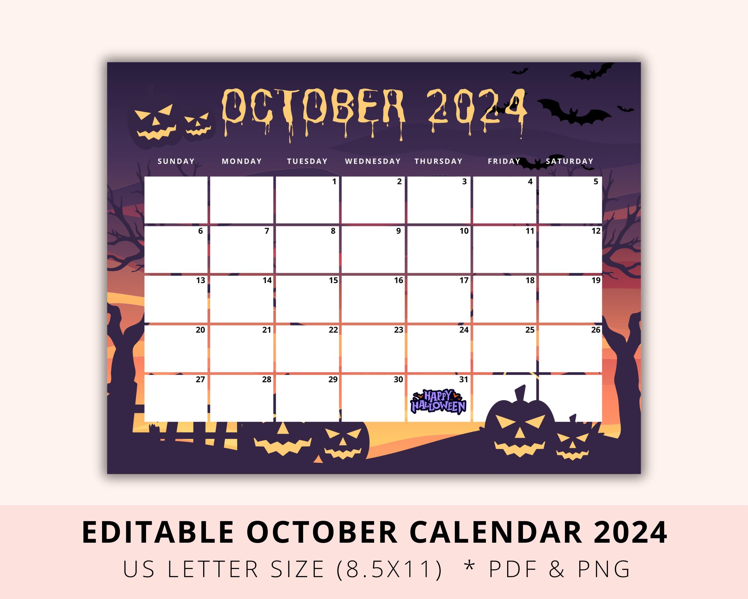 Editable Halloween 2024 Calendar Printable, October 2024, Holiday Theme ...
