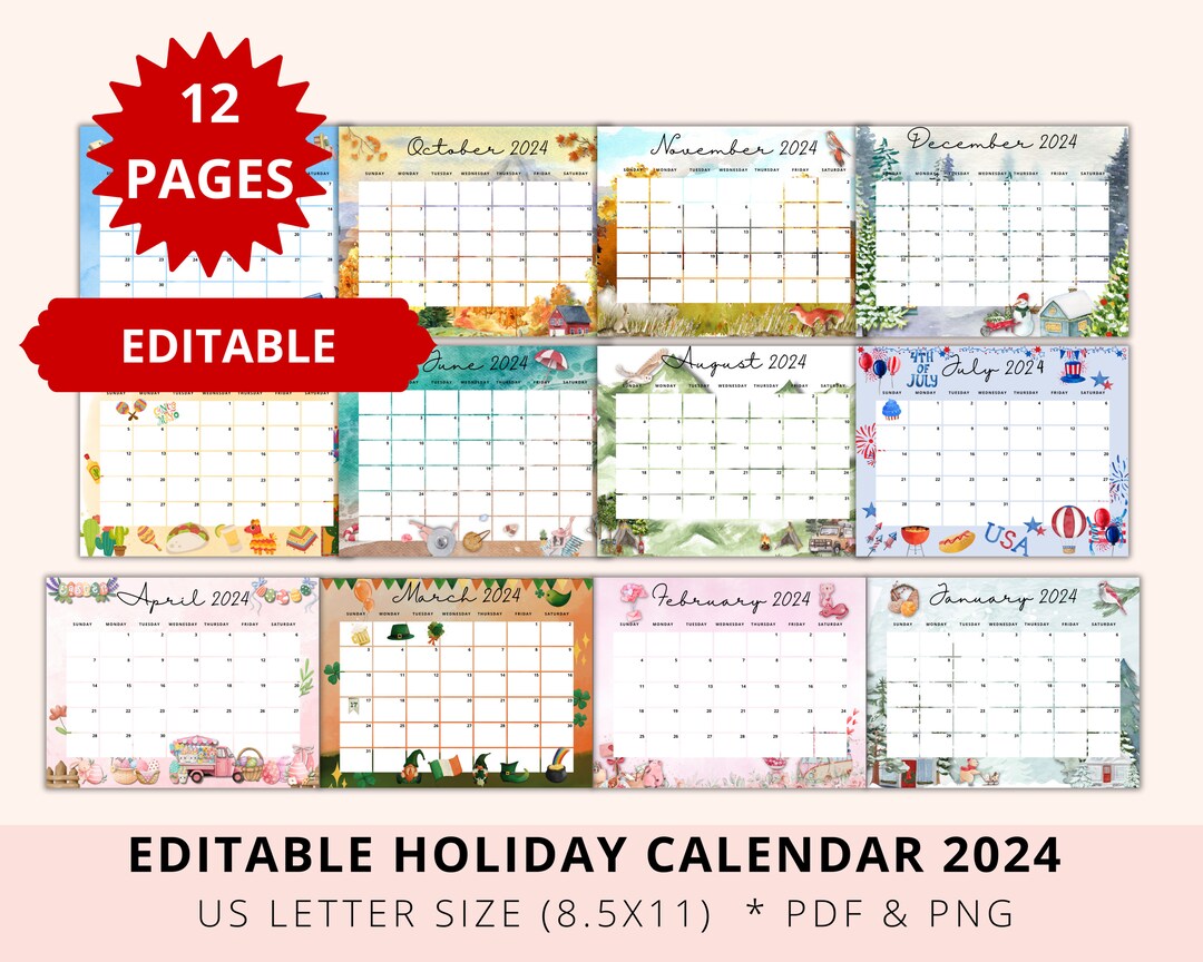 Editable Monthly Calendar 2024, Academic Planner, 12 Month, Holiday ...