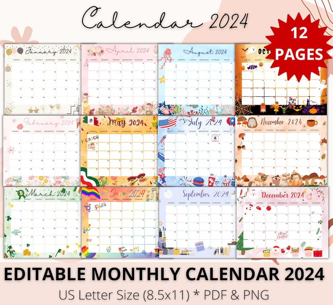 Editable Monthly Calendar 2024, 12 Month, Holiday Calendar, Office ...