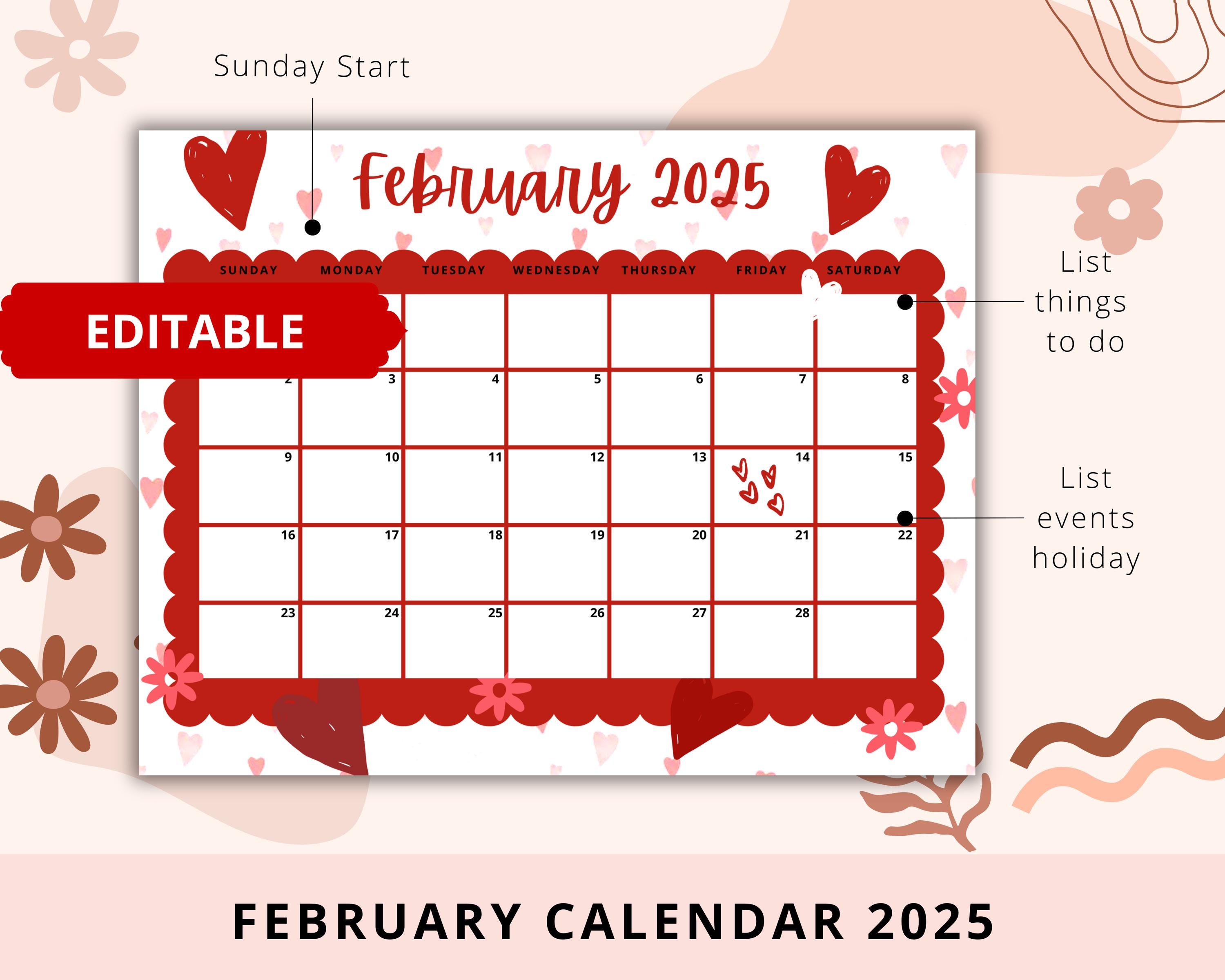 Editable February Calendar 2025, Valentine Planner 2025, Homeschool ...
