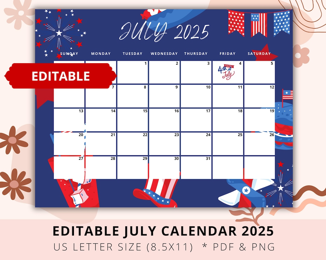Editable July 2025 Calendar, America Independence, July 4th Holiday ...