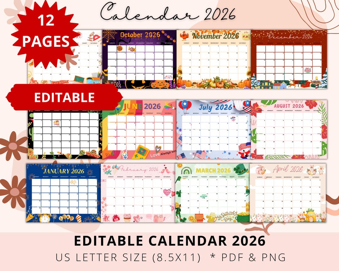 Editable Monthly Calendar 2026, School Calendar, Holiday Calendar ...