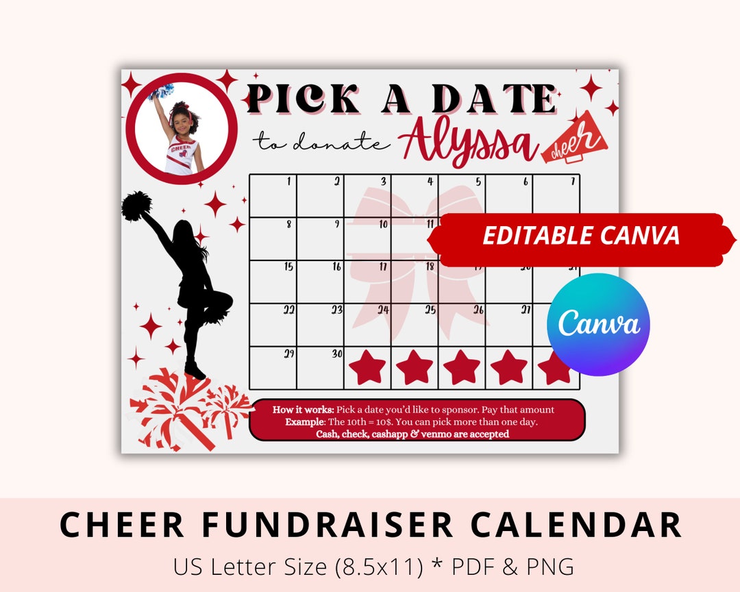 Fundraiser Calendar, Editable Cheer Template Pick a Date to Donate ...