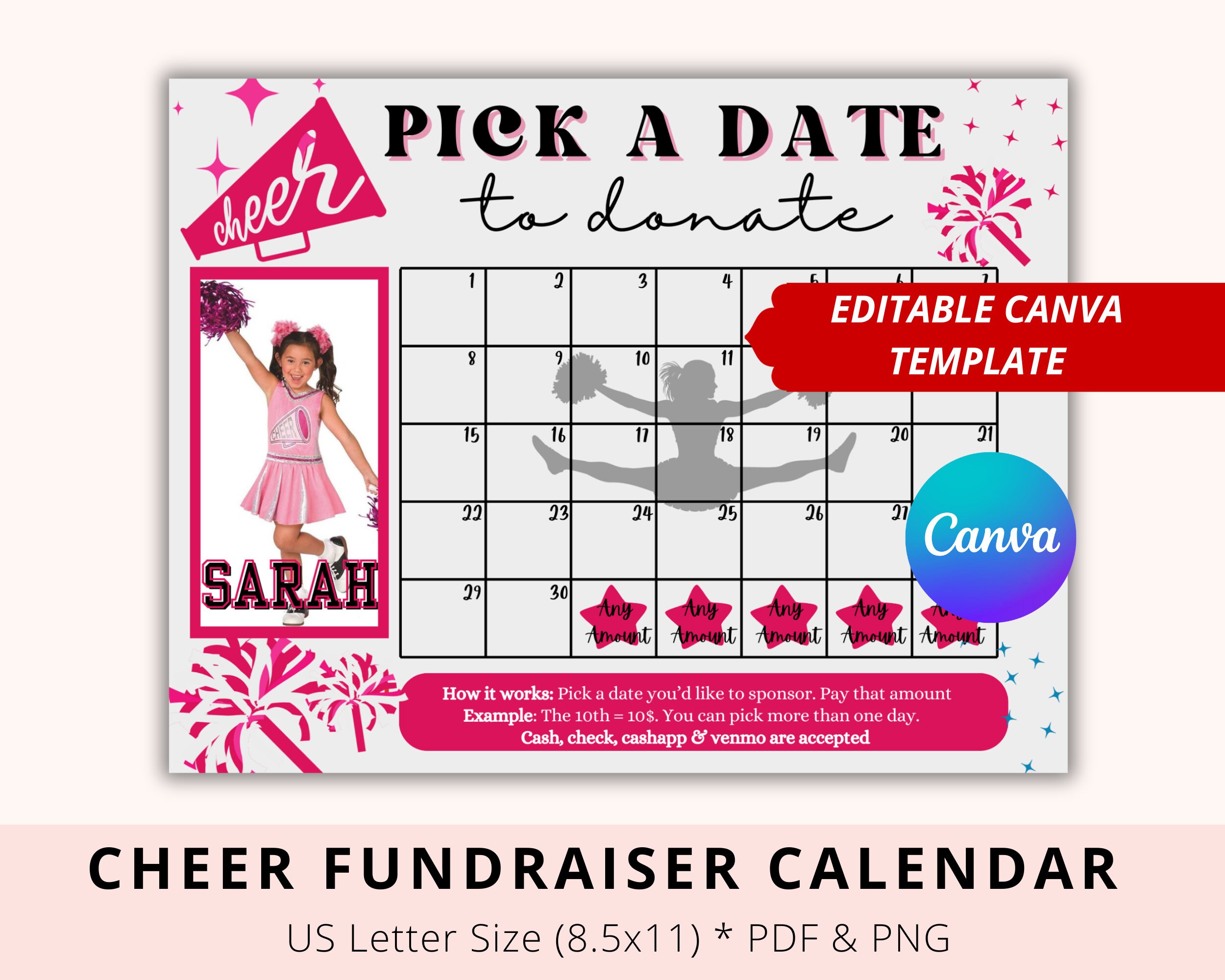 Editable Cheer Pick a Date to Donate, Pink, Canva Template, Pay the ...