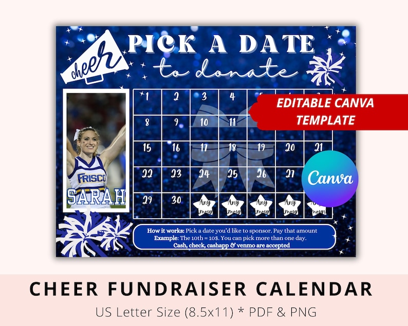 Cheer Fundraiser Calendar, Cheer Pick a Date to Donate, Navy Theme ...