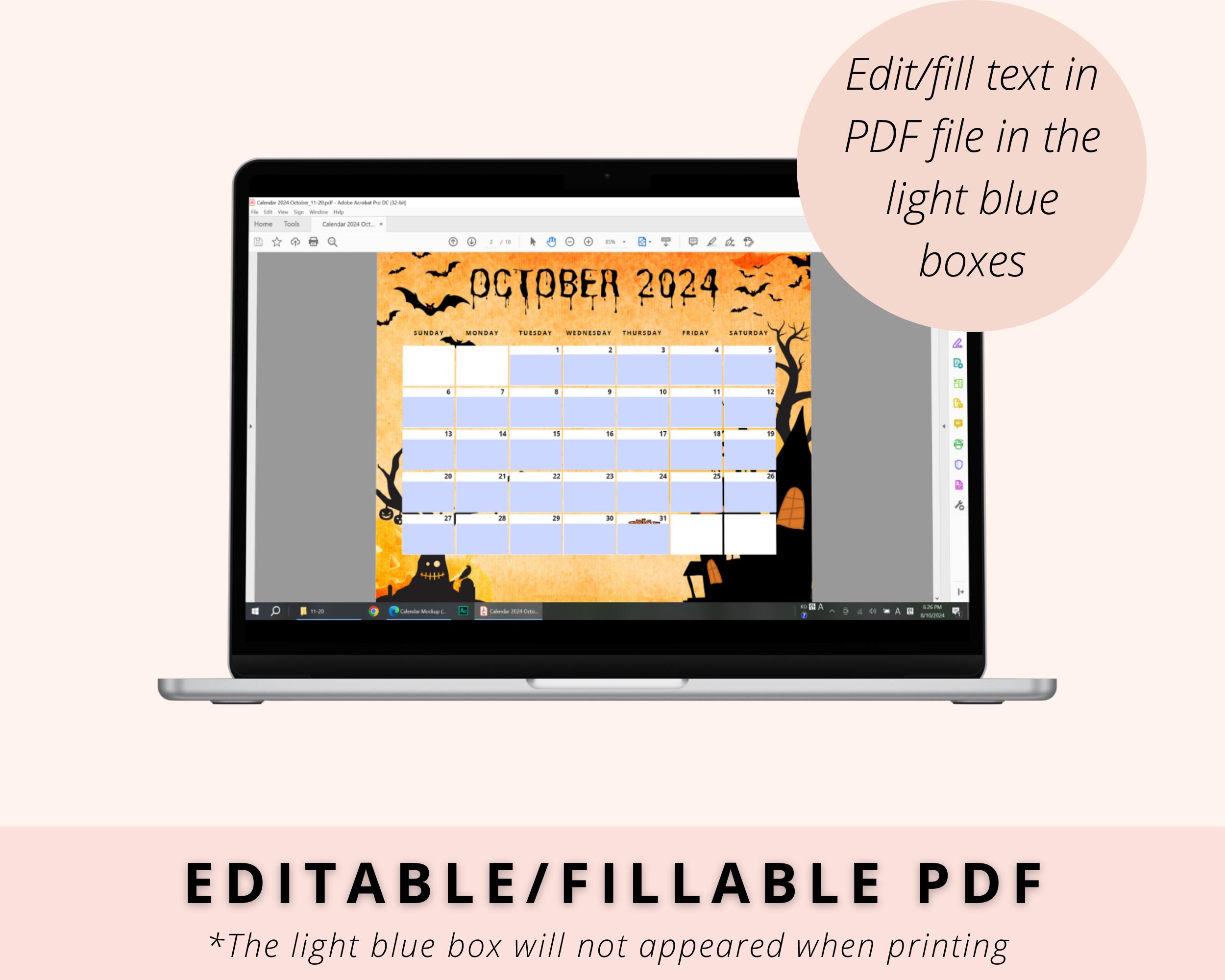 Editable Halloween Calendar 2024, October 2024 Calendar, Trick or Treat ...